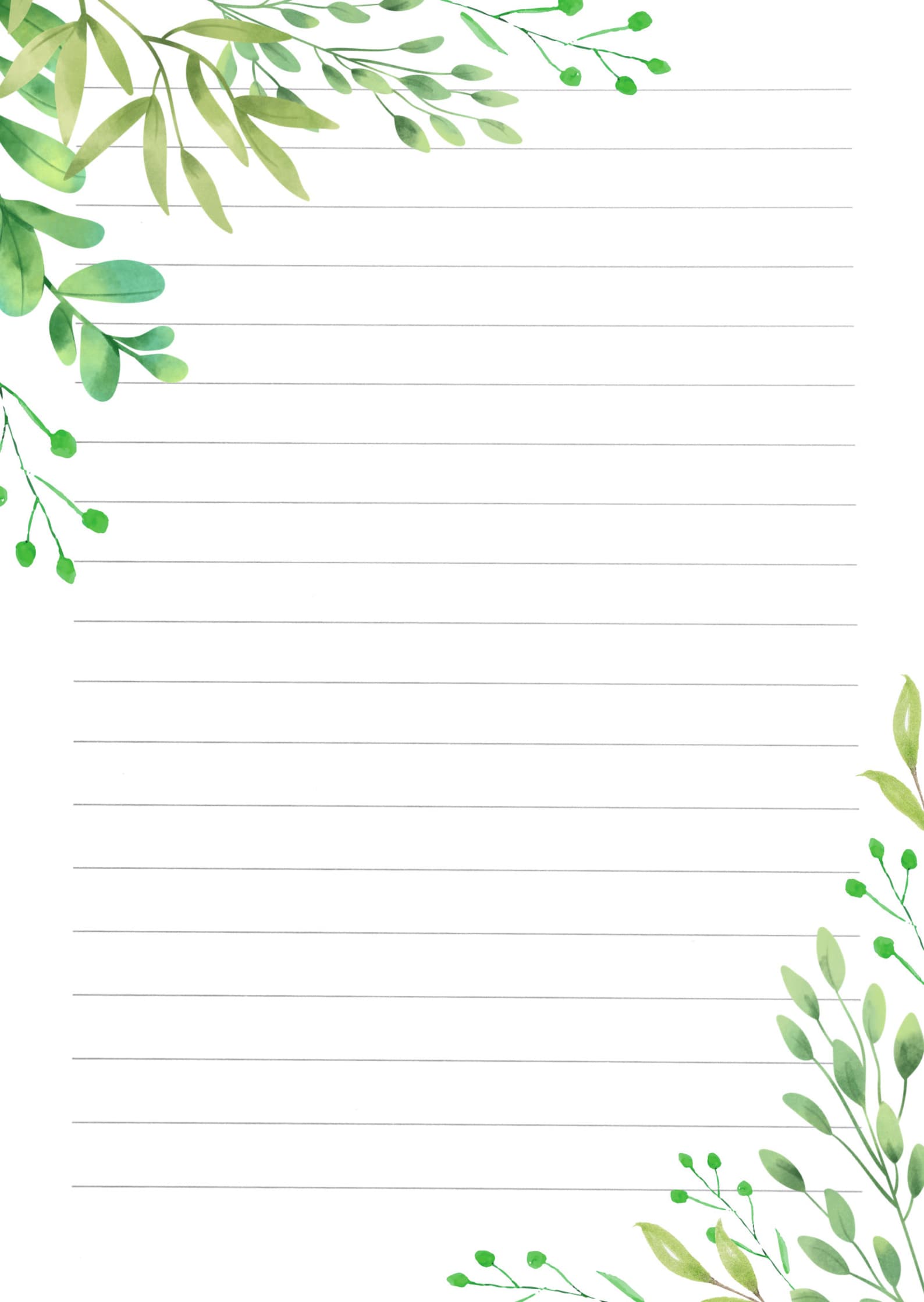 Printable Greenery Note Page, Greenery Note Page, Digital Lined Unlined ...