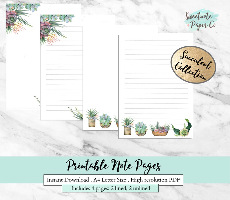 Printable Succulent Note Page, Succulent Notebook Page, Watercolor ...