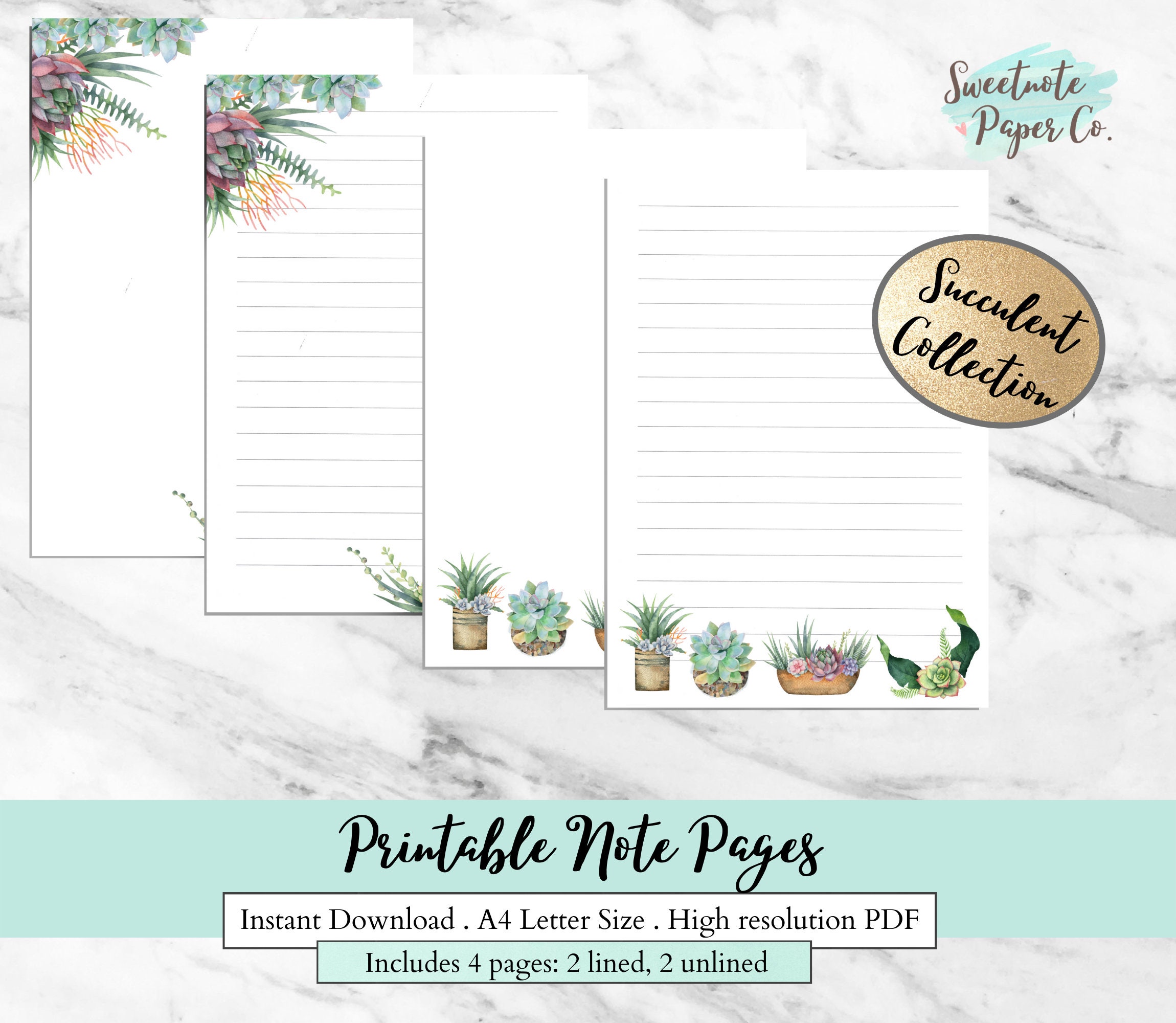 Printable Succulent Note Page, Succulent Notebook Page, Watercolor ...