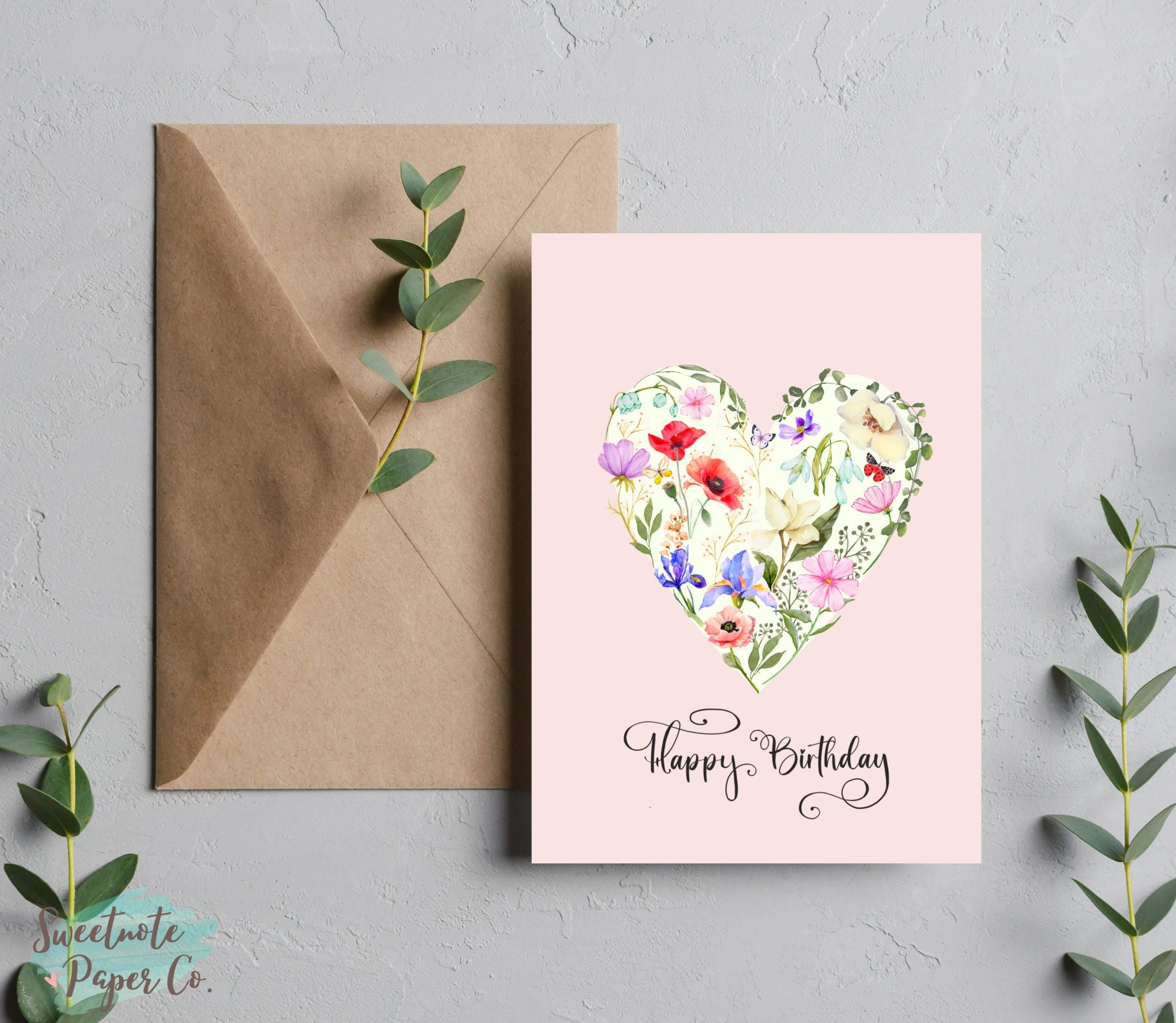 Printable Floral Heart Birthday Card, Digital Download Wild Flowers ...