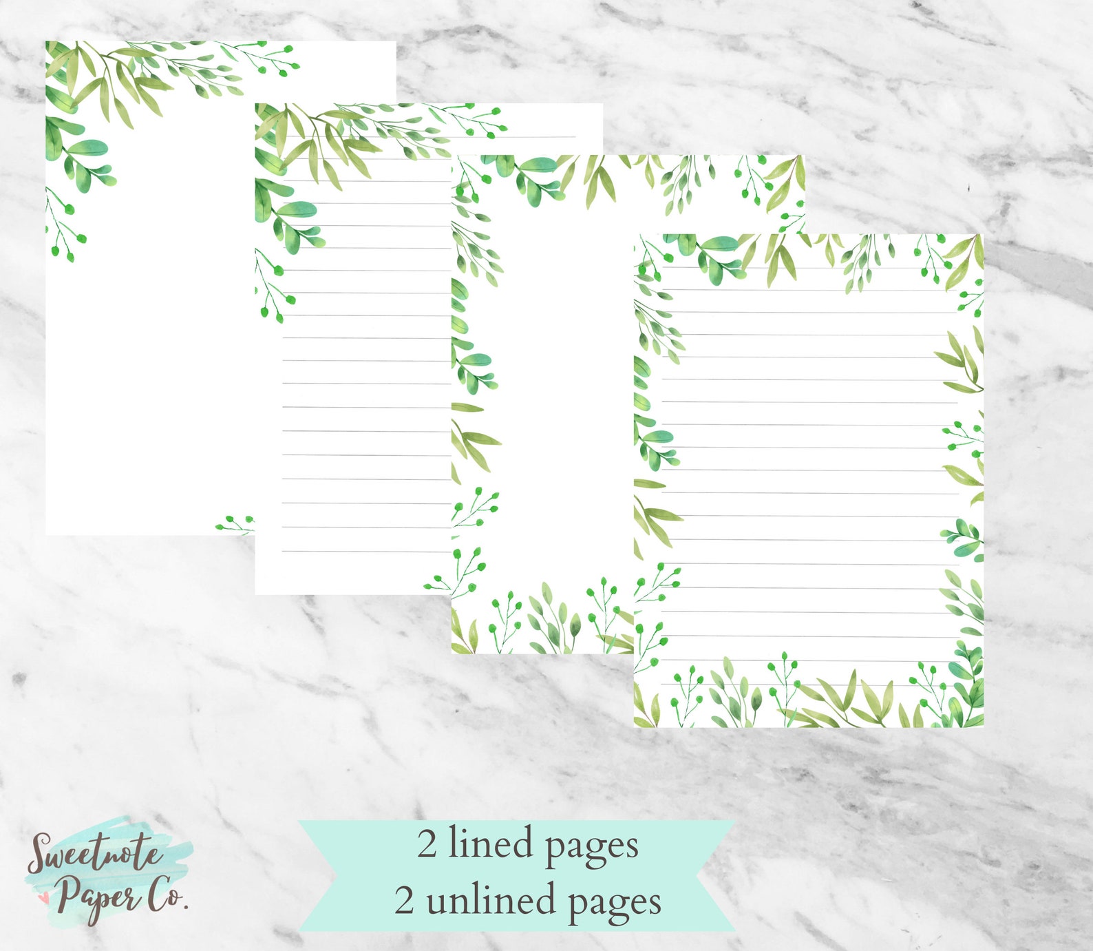 Printable Greenery Note Page, Greenery Note Page, Digital Lined Unlined ...