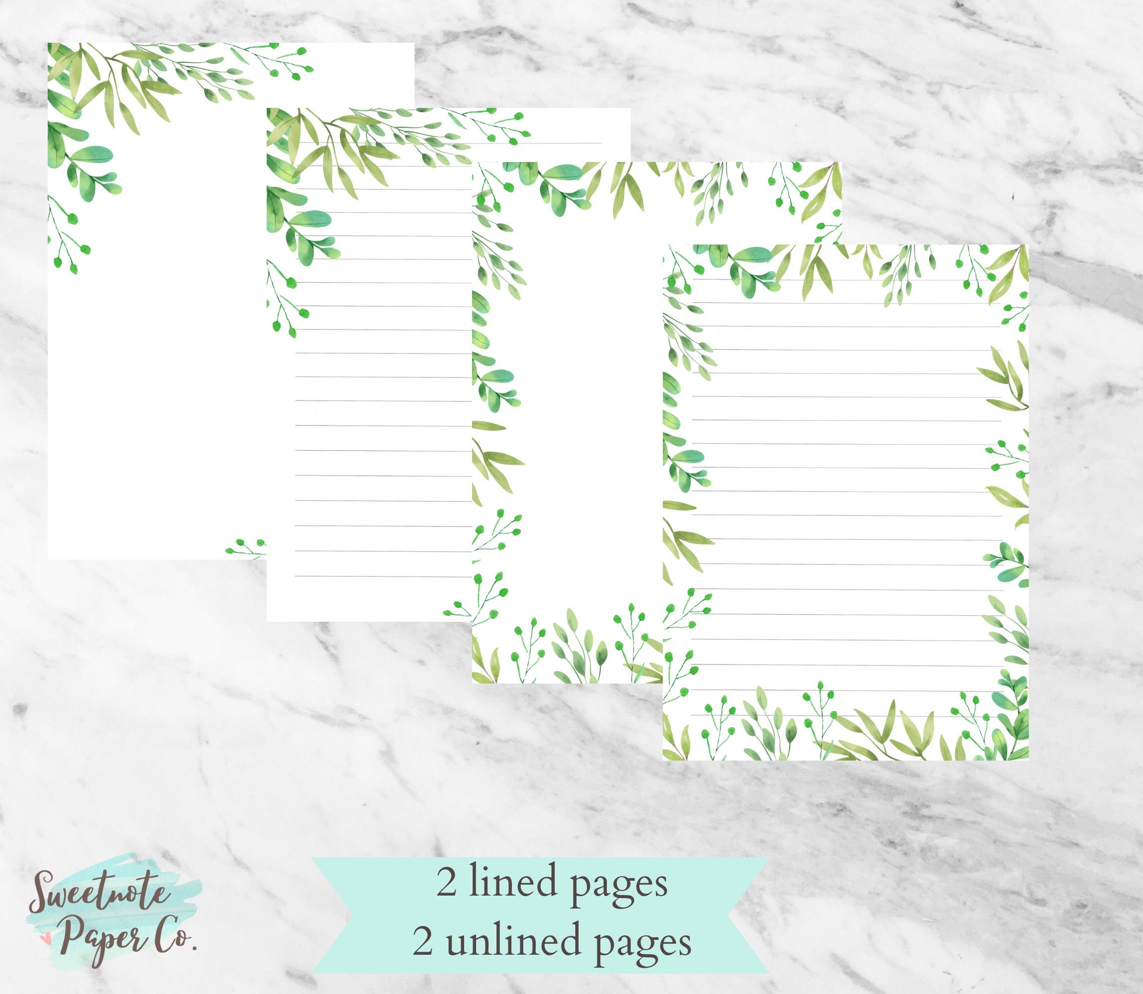 Printable Greenery Note Page, Greenery Note Page, Digital Lined Unlined ...
