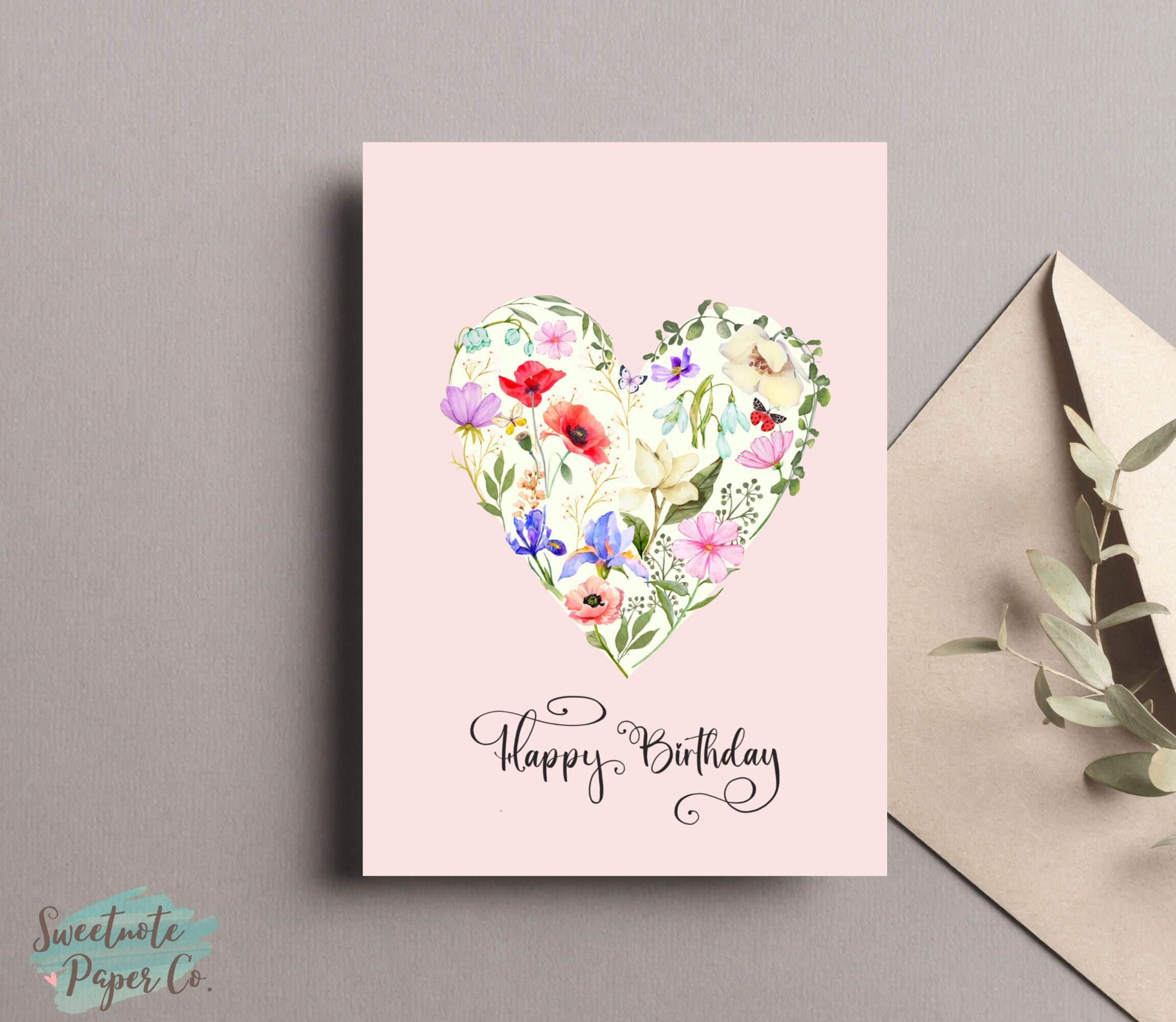 Printable Floral Heart Birthday Card, Digital Download Wild Flowers ...