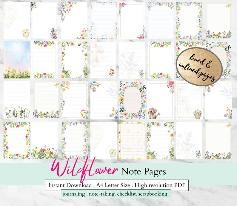 Printable Wild Flower Note Pages, Wildflower Printable A4 Stationery ...