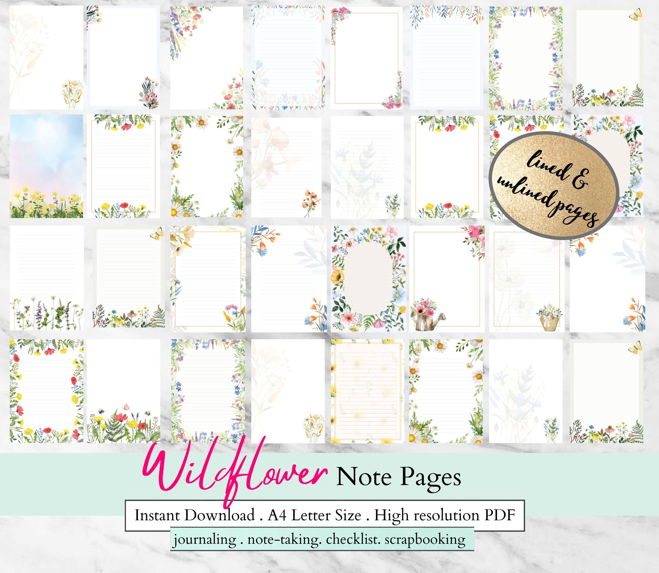 Printable Wild Flower Note Pages, Wildflower Printable A4 Stationery ...