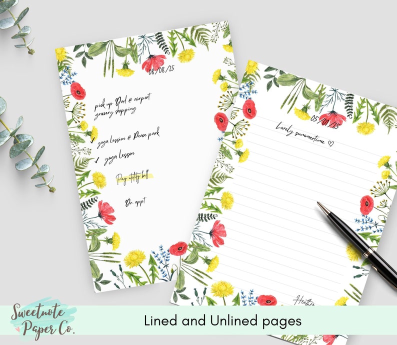 Printable Wild Flower Note Pages, Wildflower Printable A4 Stationery ...