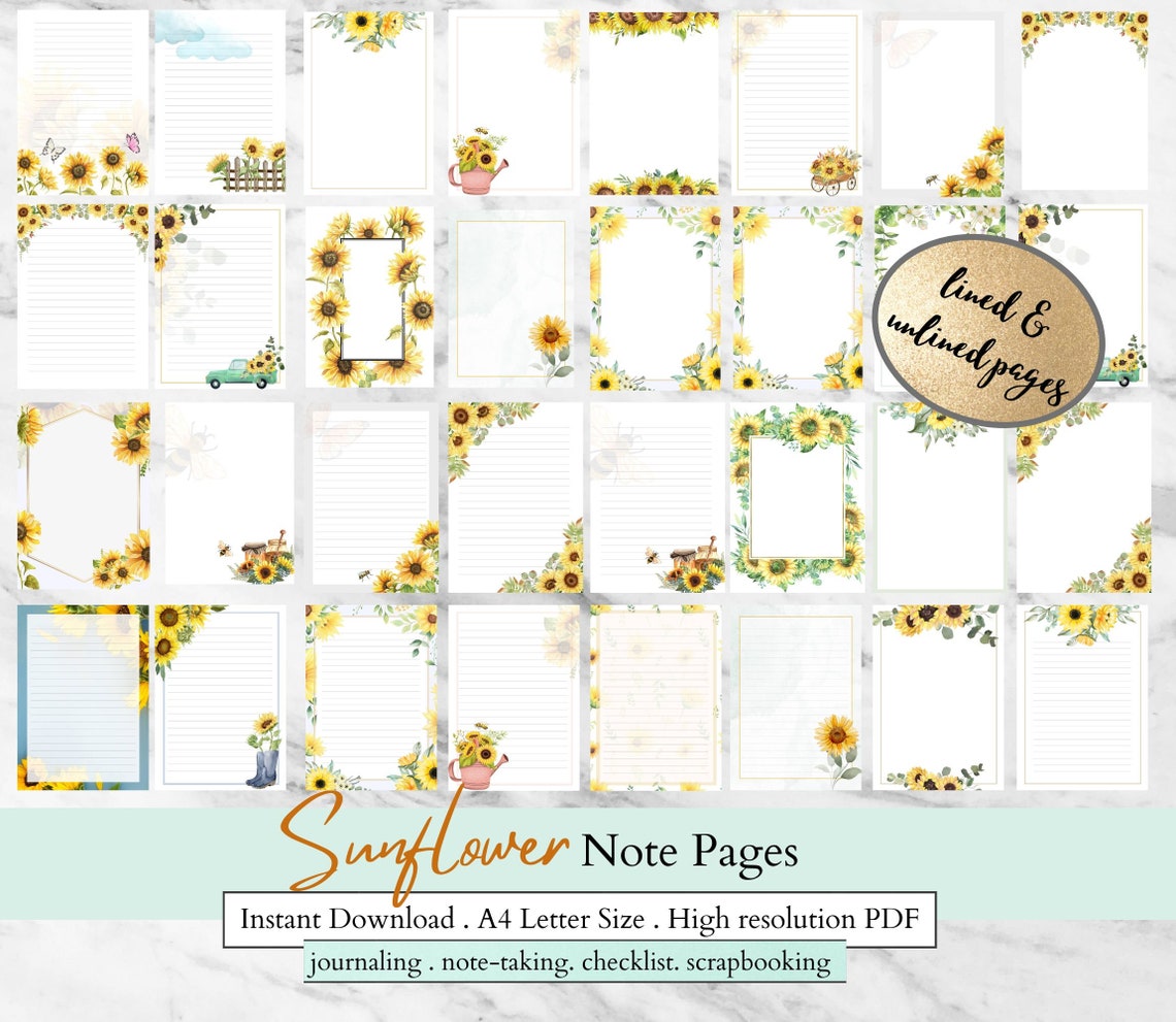Printable Sunflower Note Pages | Instant Download Sunflower Writing ...