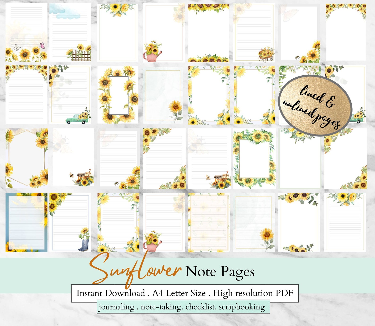 Printable Sunflower Note Pages | Instant Download Sunflower Writing ...