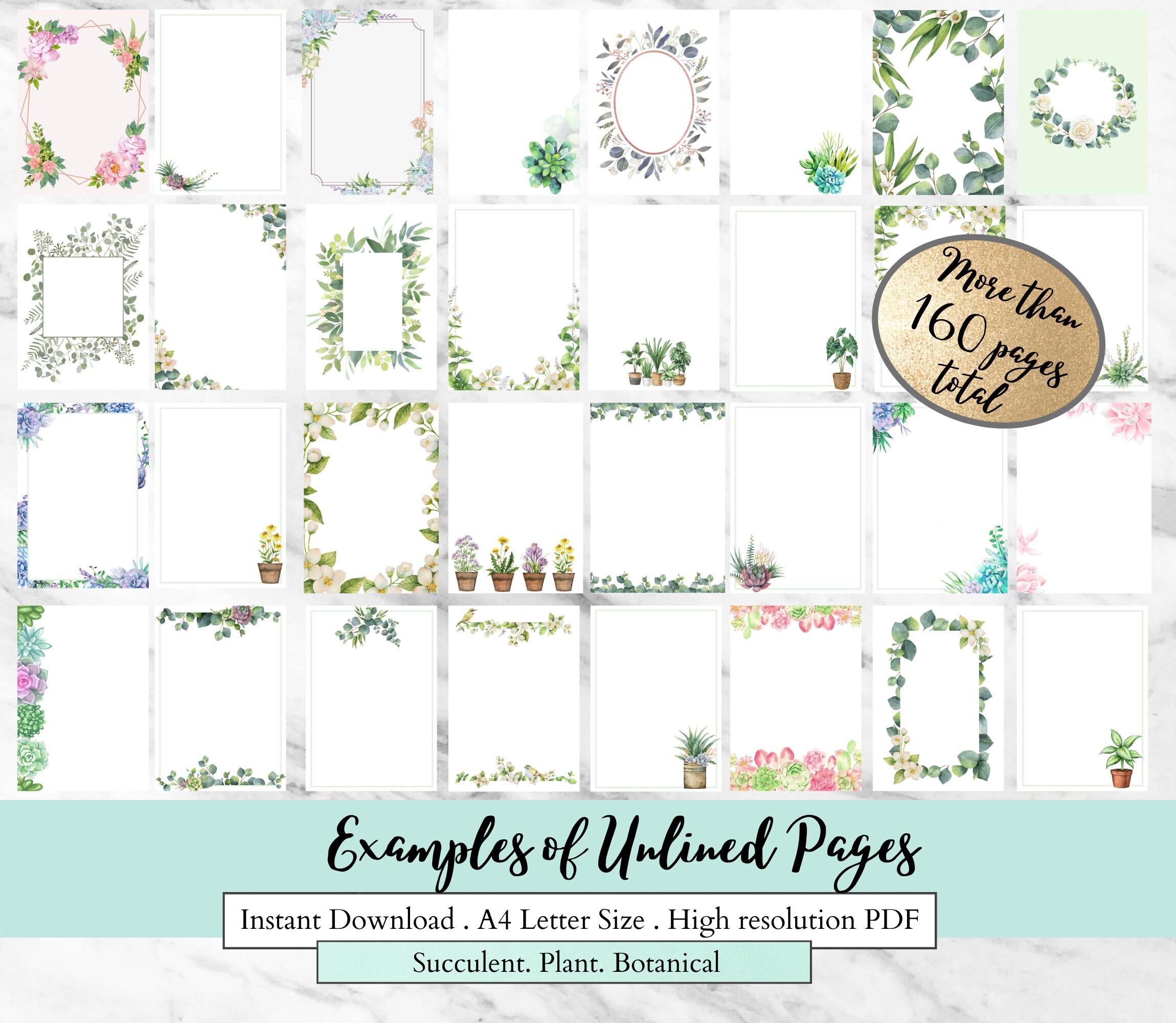Printable Eucalyptus Botanical Note Pages Bundle, Succulent Scrapbook ...