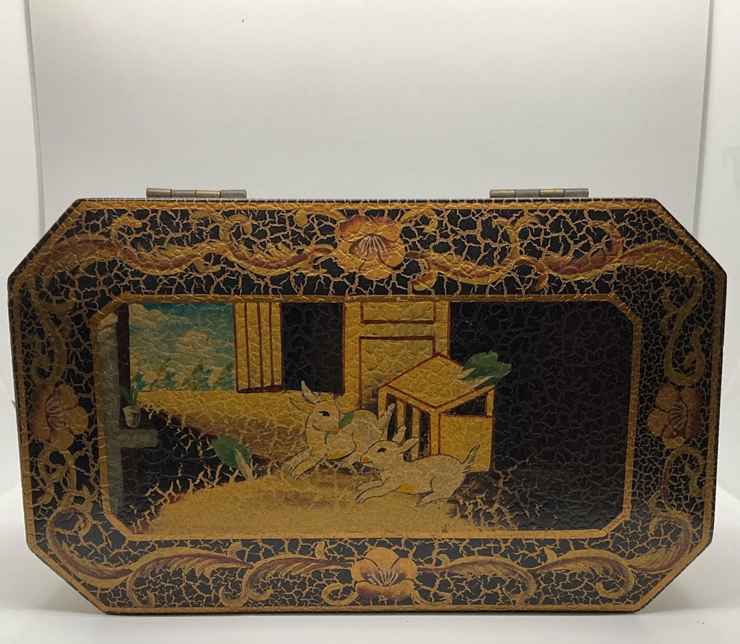Vintage What Not Box/textured/crackle Finish/rabbits/chinese Large ...