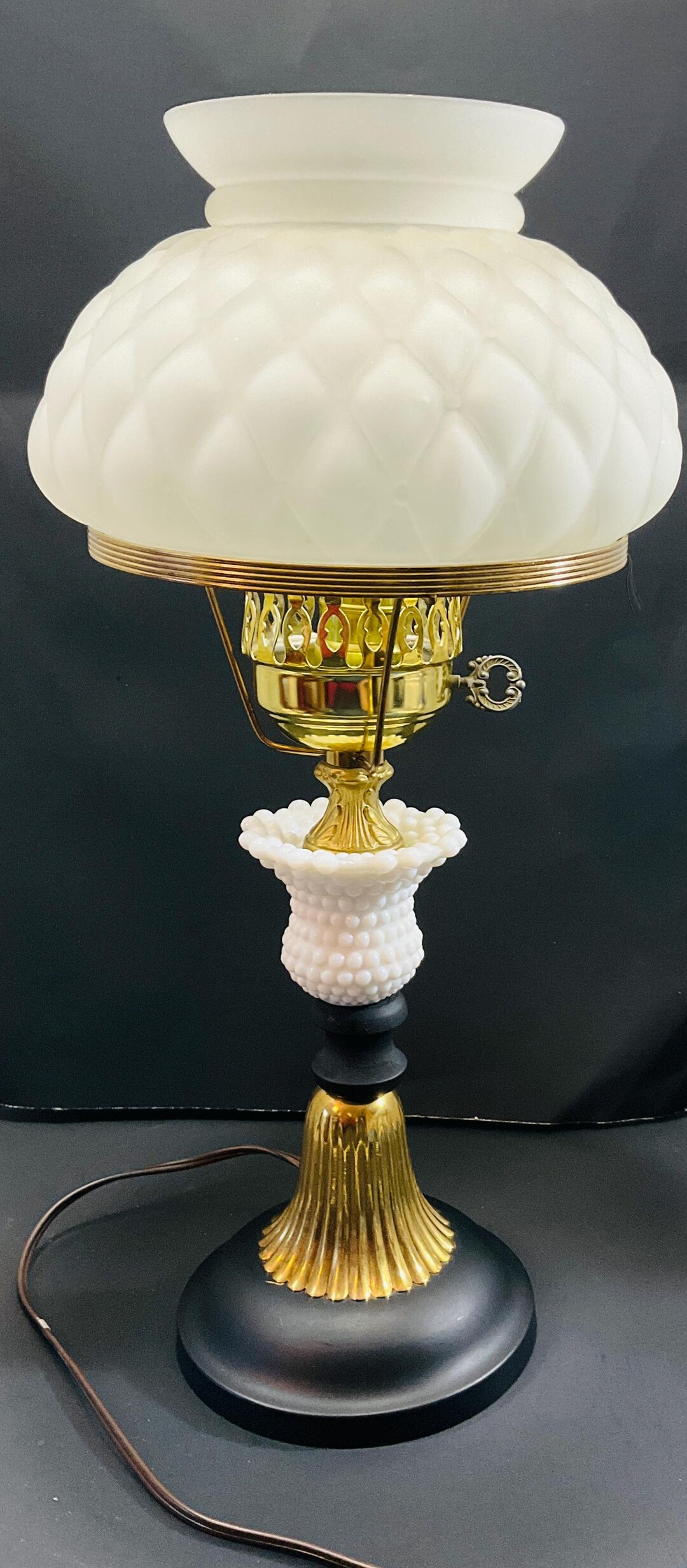 Vintage Hurricane Style Table Lamp/white Hobnail With Quilted, Frosted ...
