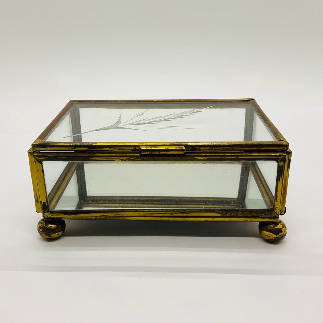 Small Glass and Mirror Trinket Box/etched Lid With Gold Toned Frame - Etsy