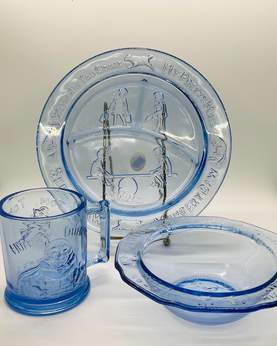 Tiara Exclusive Children's Dish Set/plate, Bowl, Cup/blue Glass/nursery ...