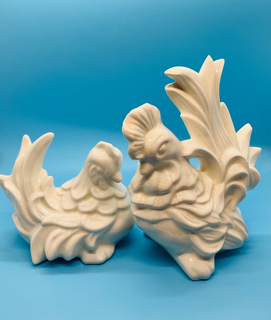 Vintage Ceramic Hen and Rooster Set: White Glaze Farmhouse Decor - Etsy