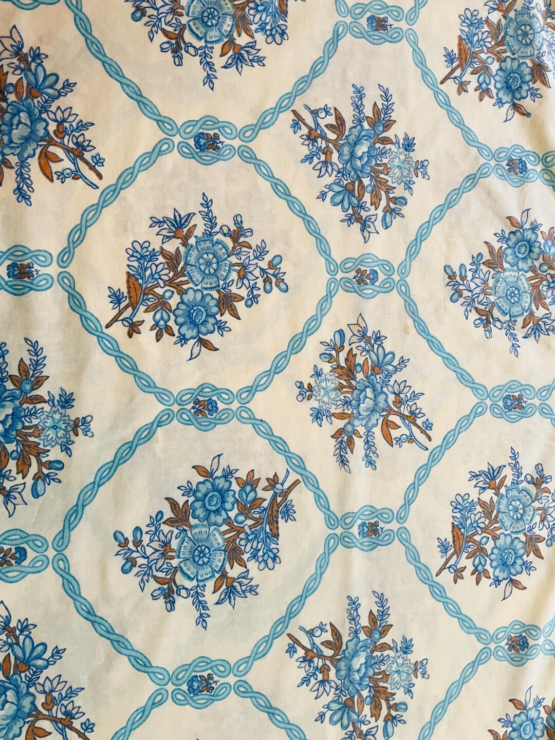 Vintage Sheet/ Flat Sheet/ Full Size/ Cream With Blue Floral Pattern ...
