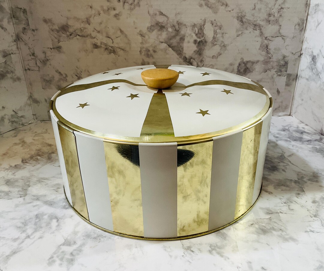 Vintage Cake Tin/white With Gold Stripes and Stars/insulated Large ...