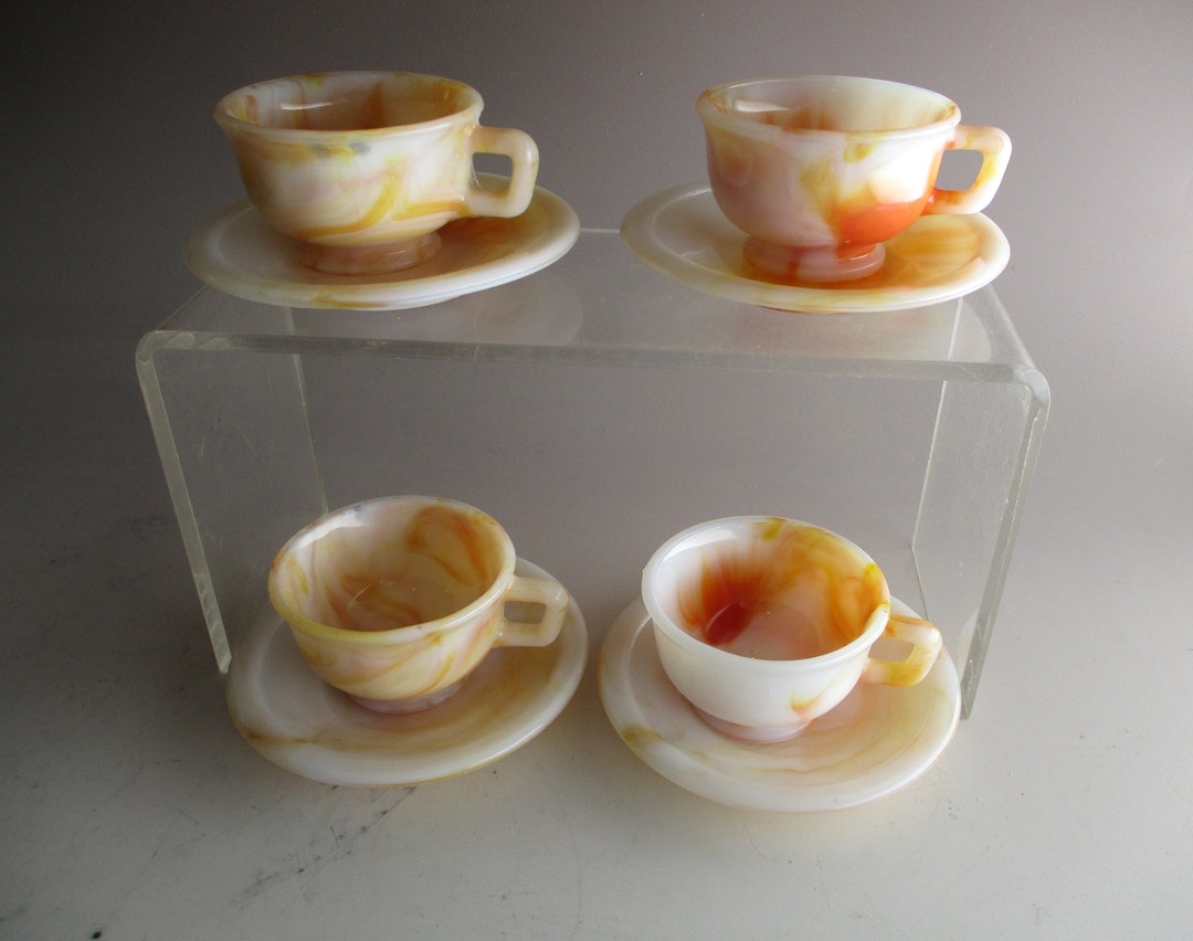 Akro Agate Miss America the Little American Maid Tea Set Four Cups and ...