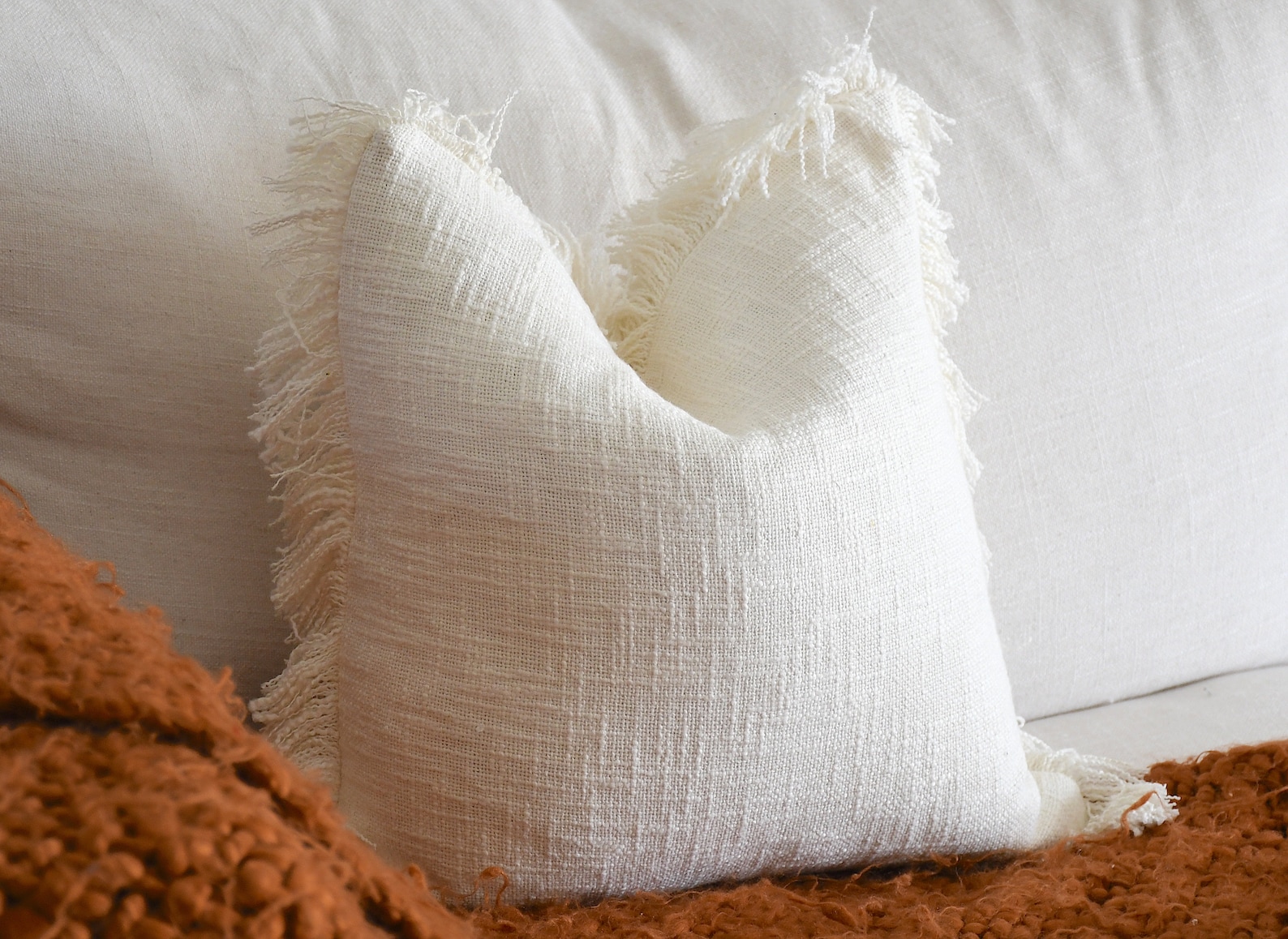 Ivory White 16 X 16 Fringe Throw Pillow Covers | Neutral Tone Pillow ...
