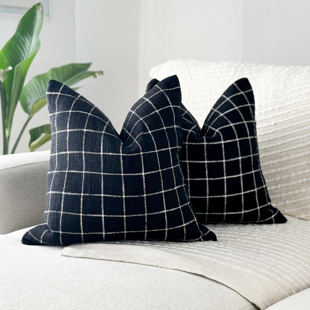 Black & White Checkered Pillow Cover, Cotton Grid Pattern, Black Canvas ...