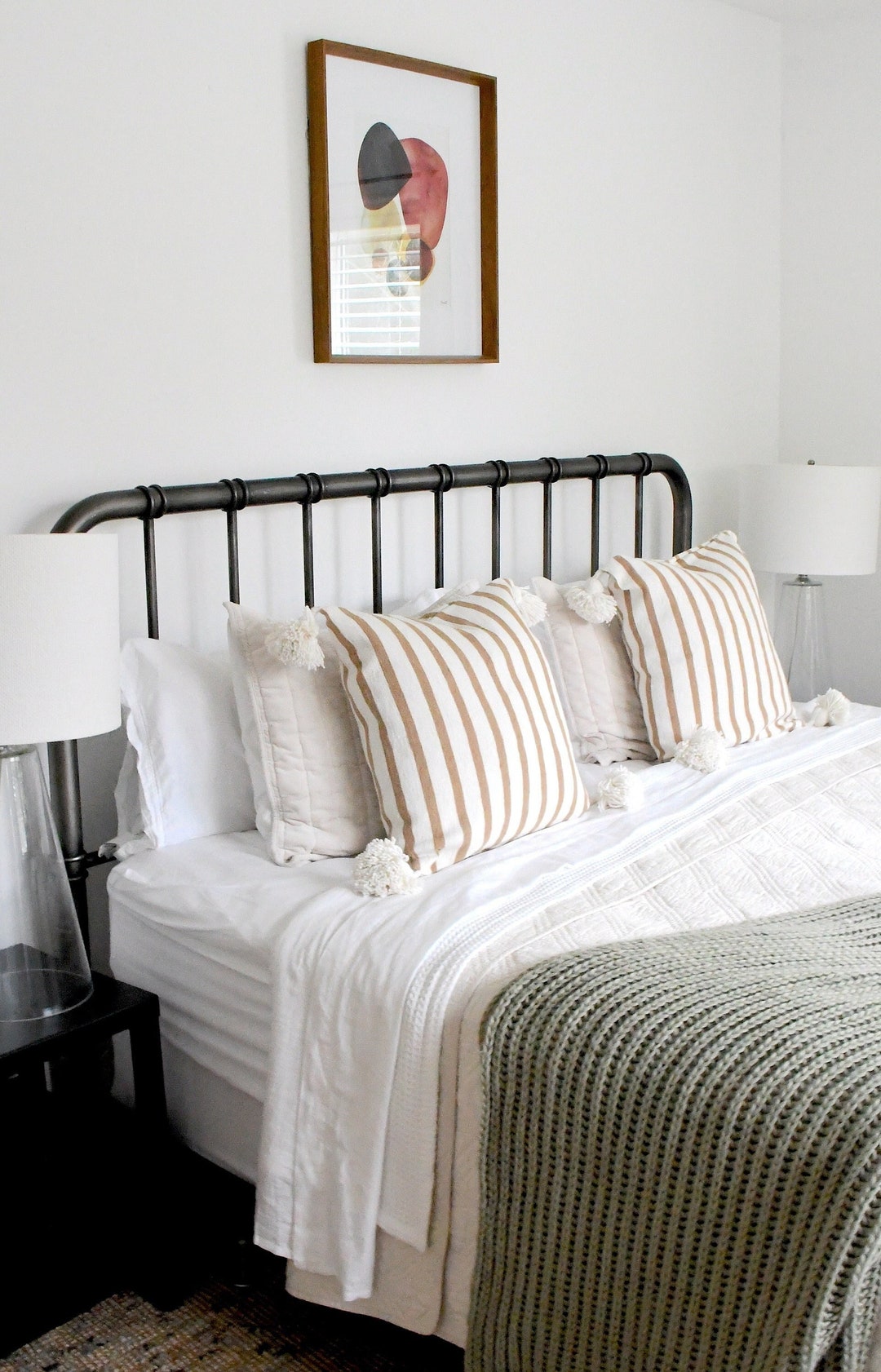 Pom Pom Beige Stripe Light Brown Cover-handmade-handwoven Soft Moroccan ...