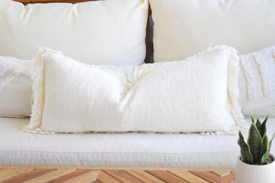 Long Ivory White Fringe Lumbar Throw | Neutral Pillow | Soft Throw Boho ...
