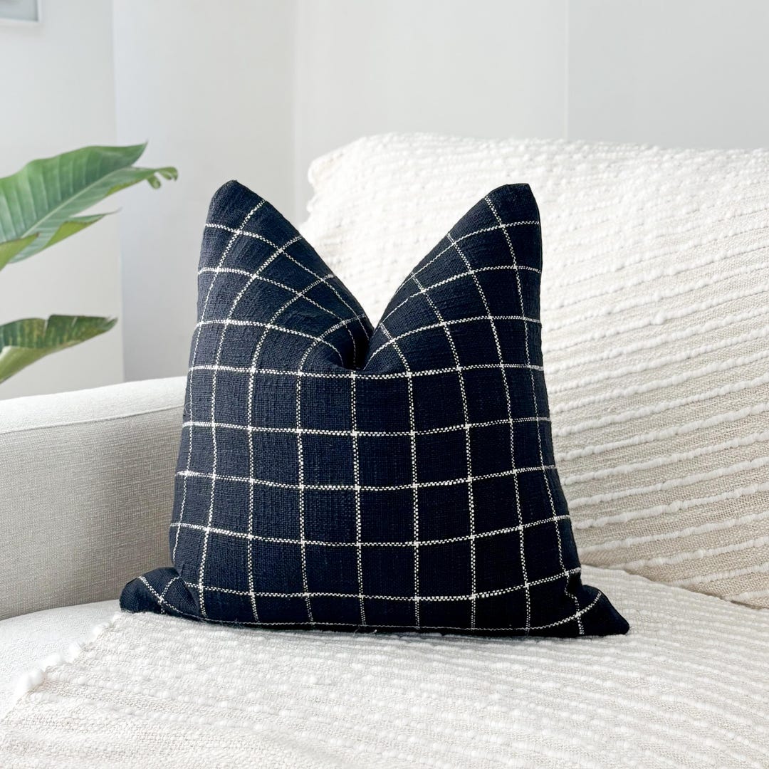Black & White Checkered Pillow Cover, Cotton Grid Pattern, Black Canvas ...