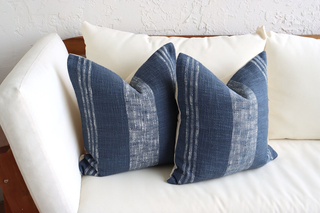 2 Blue Throw Pillow Cover Set, Decorative Striped Pillows, Blue Bedroom ...