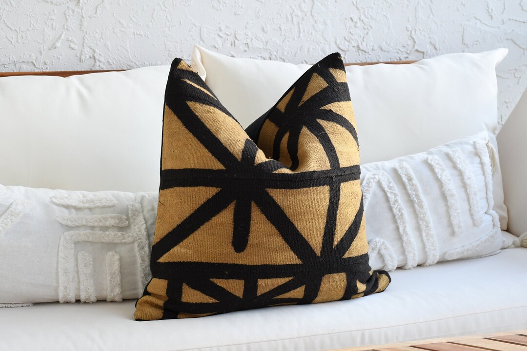 Tan and Black Unique Geometric Pillow, Long Lumbar, Mudcloth Covers ...