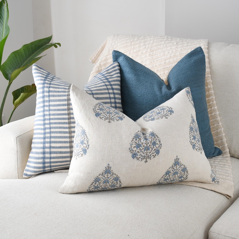 Blue 3 Pillow Cover Set, Linen Floral Block Print Lumbar 16x24, Solid ...