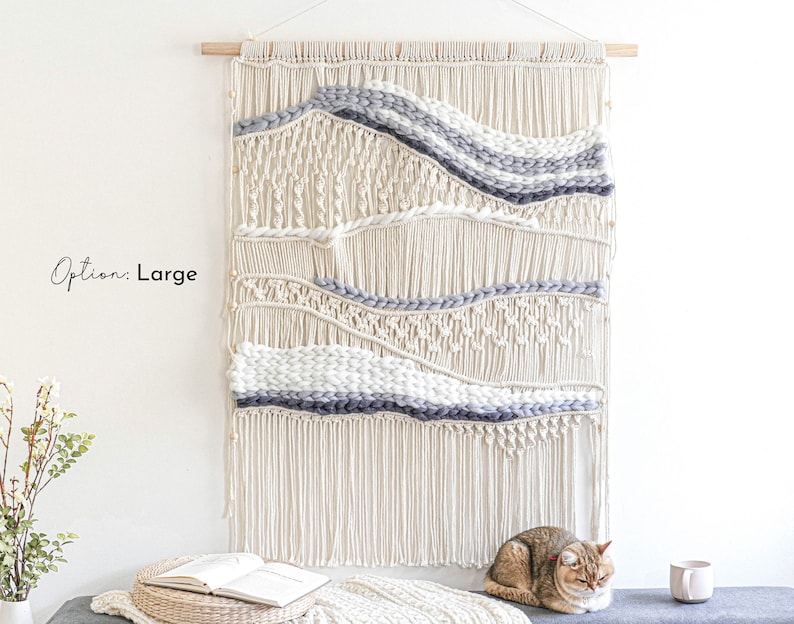 Wool Blend Fluffy Yarn Wall Tapestry, Living Room Decor, Bluish Gray ...