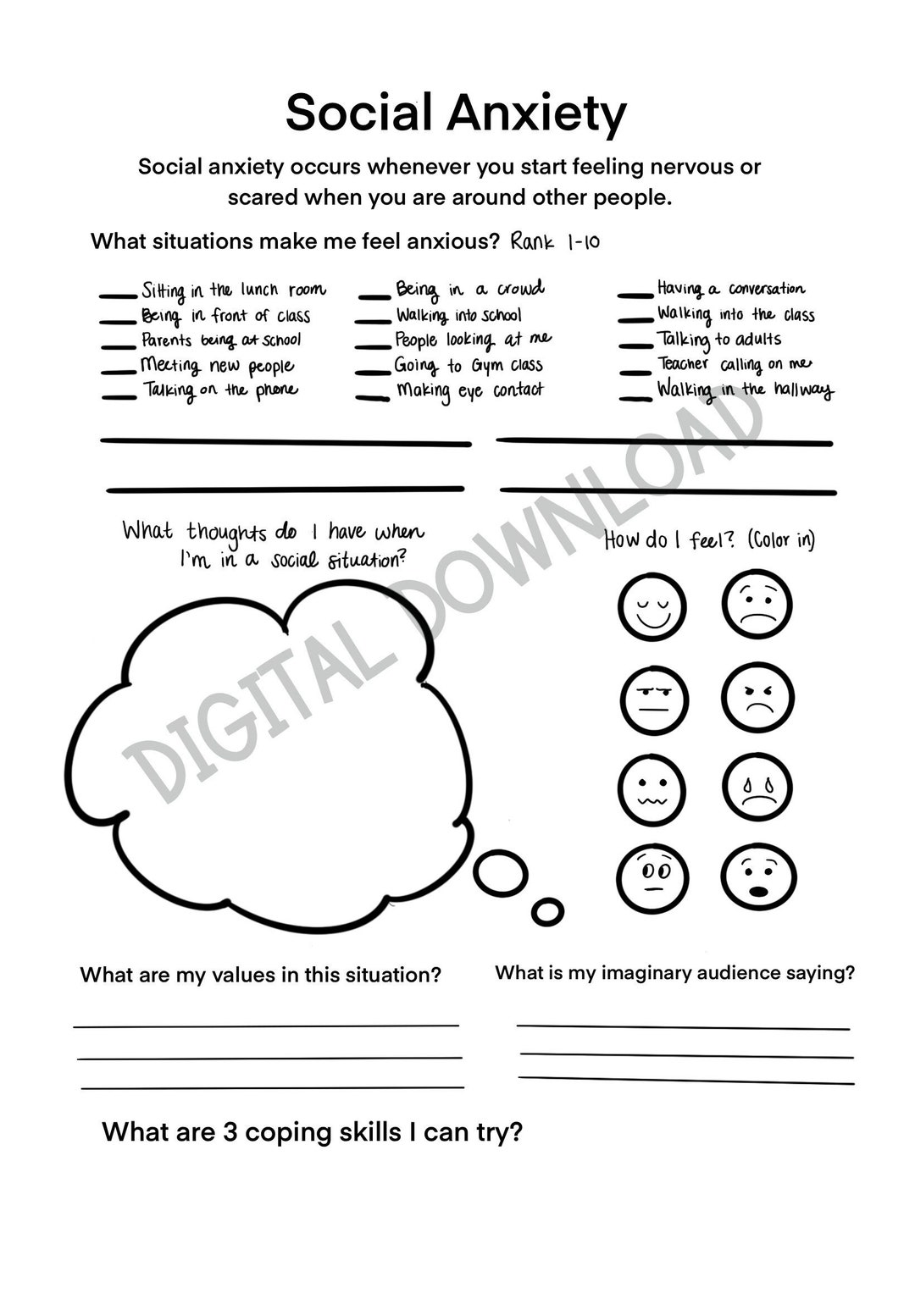 Social Anxiety Worksheet for Kids - Etsy
