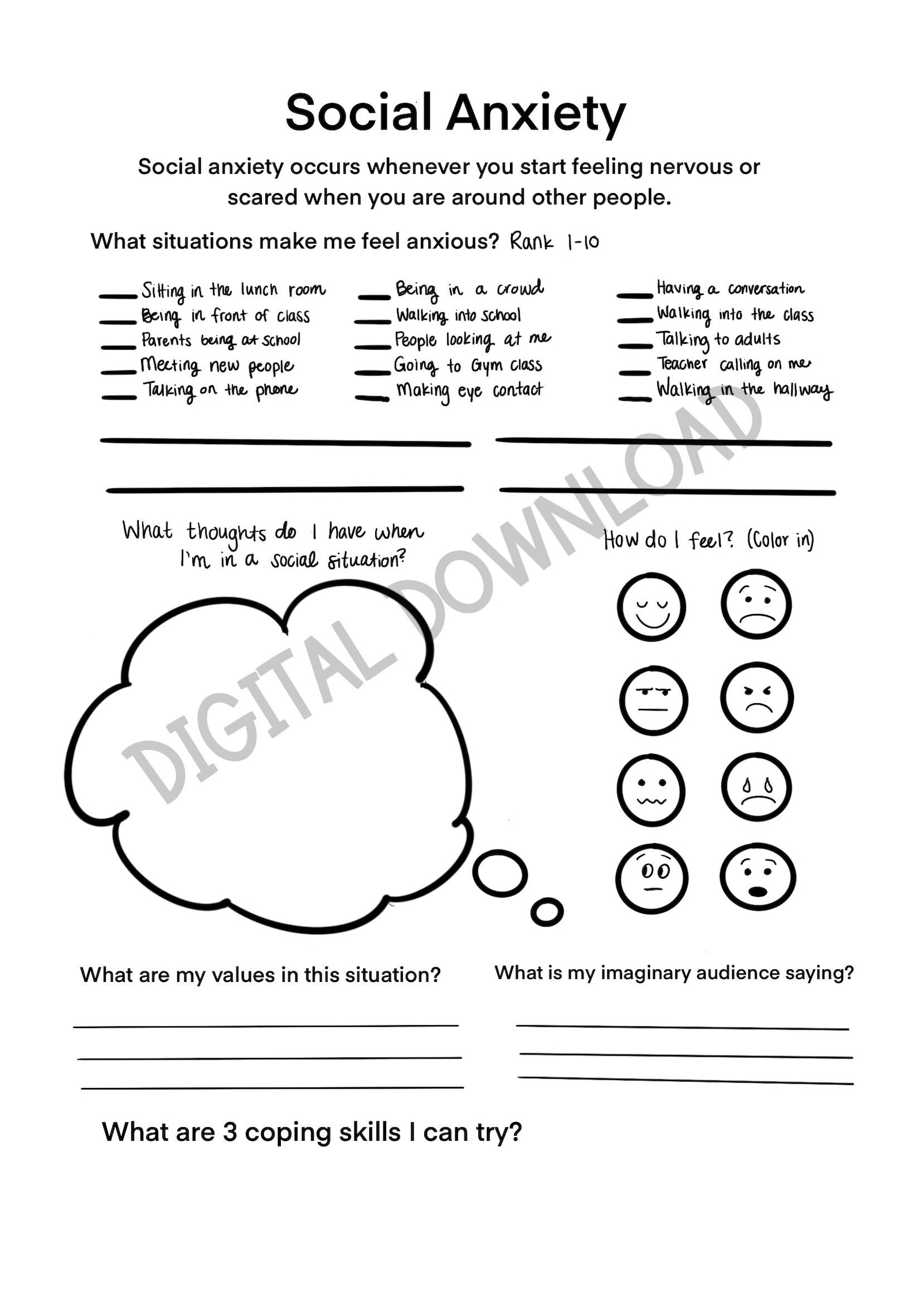 Social Anxiety Worksheet for Kids - Etsy