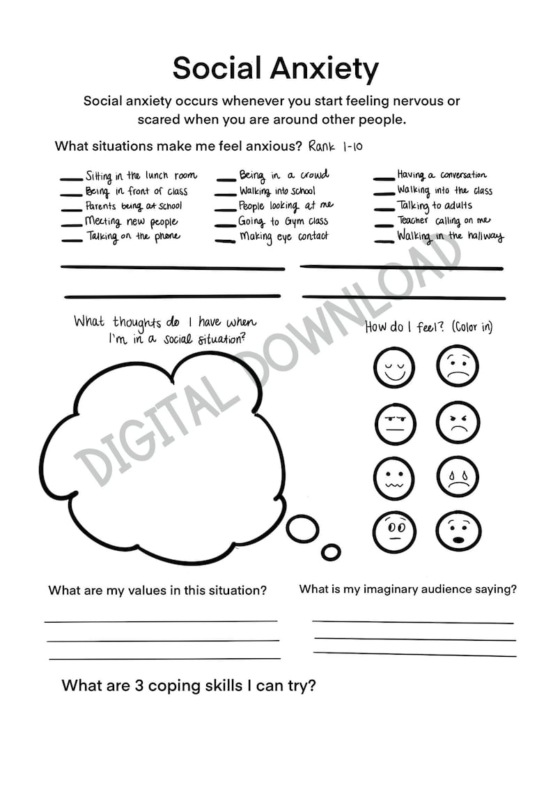 Social Anxiety Worksheet for Kids - Etsy