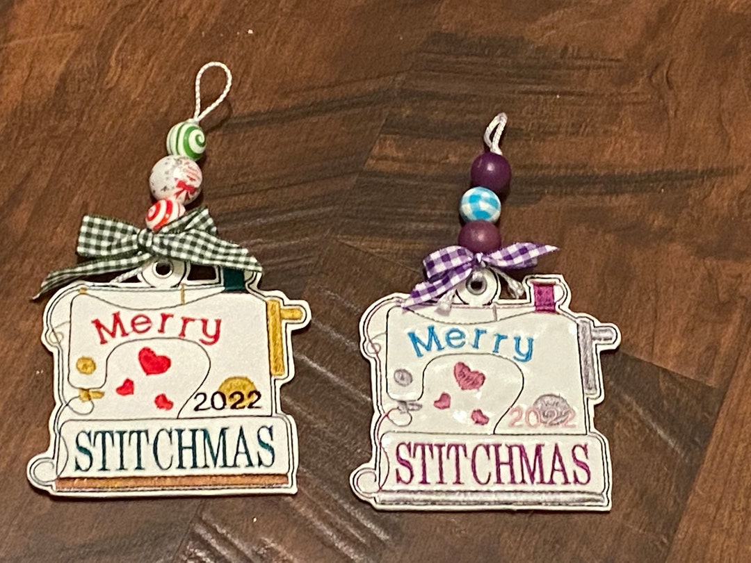 Merry Stitchmas Machine Embroidered Beaded Jute Hanger Ornament With ...