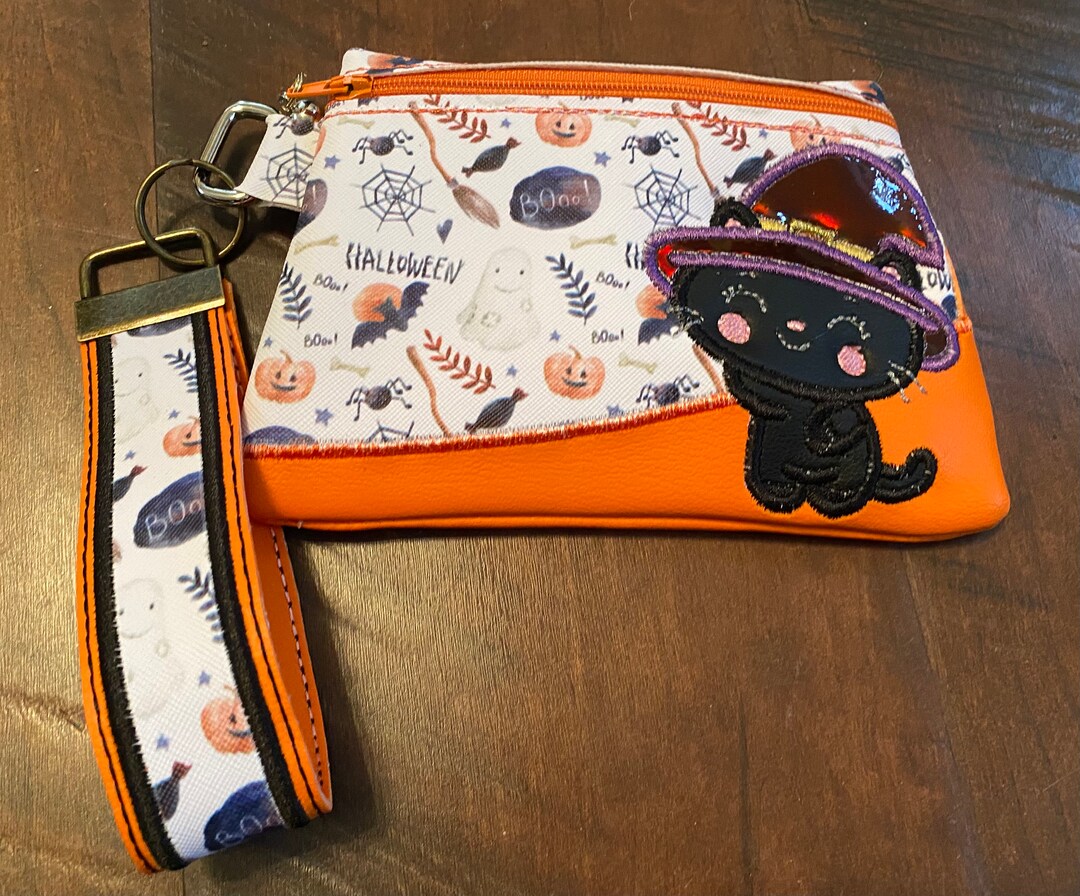Machine Embroidered and Applique Cute Little Black Cat Witch Wristlet ...