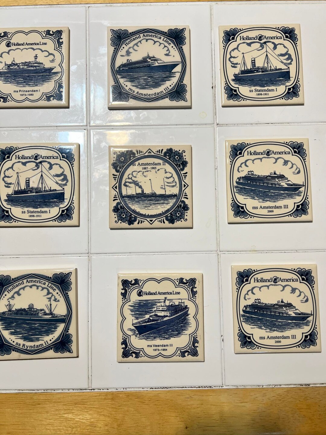 Set of 9 Delft Blue Tiles Holland America Line Ships Cork Backing ...
