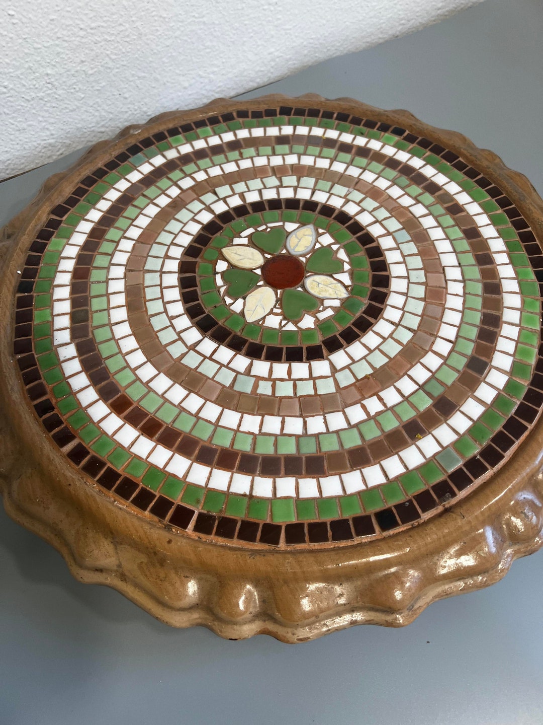Lazy Susan 16'' Mosaic Mandala Turntable Green and Brown Cake Stand ...