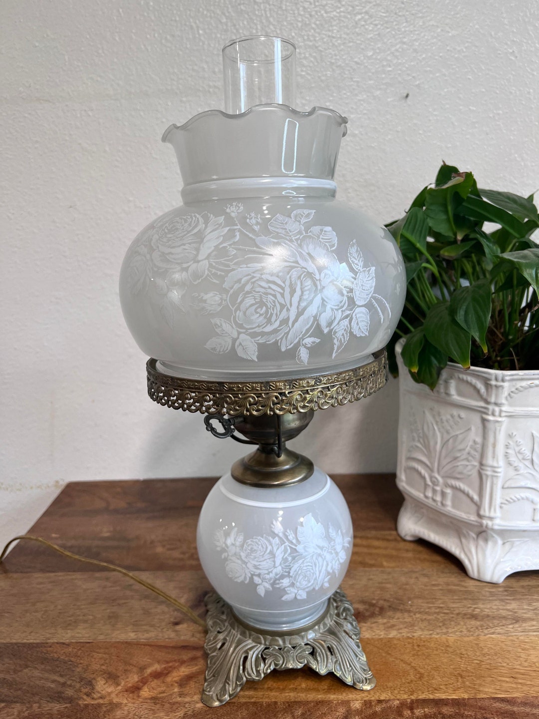 White Rose Frosted Hurricane Style Parlor Lamps Brass Bases ...