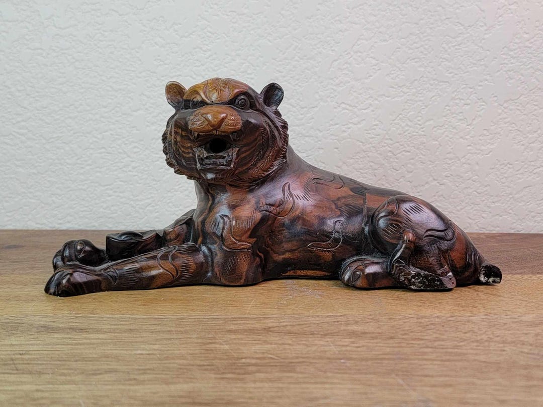 Antique Wooden Carved Exquisite Tiger Asian Statue Decor Sculpture Art ...