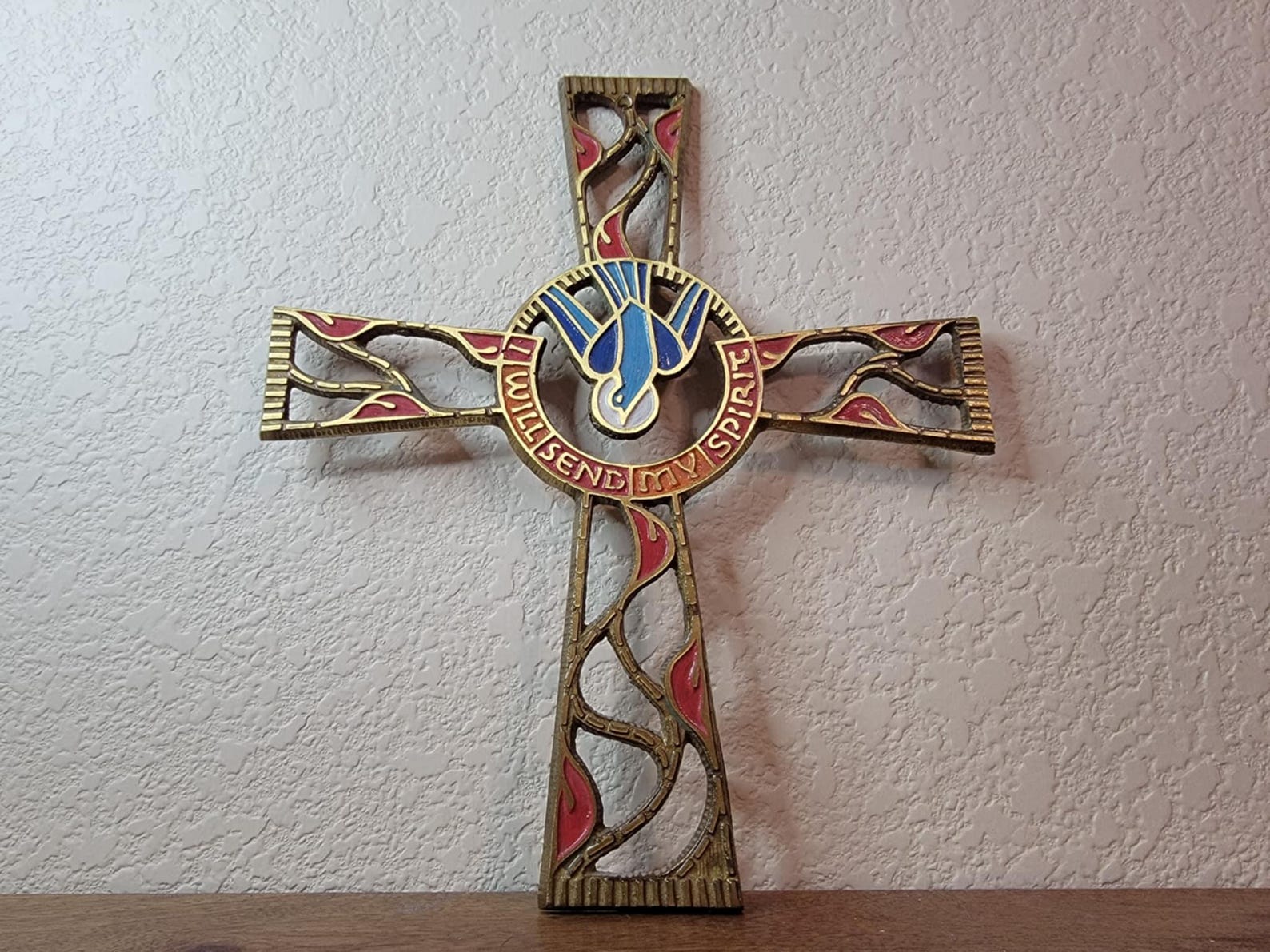 Vintage Terra Sancta Guild Cross Dove Brass Enamel Red Blue White Wall ...