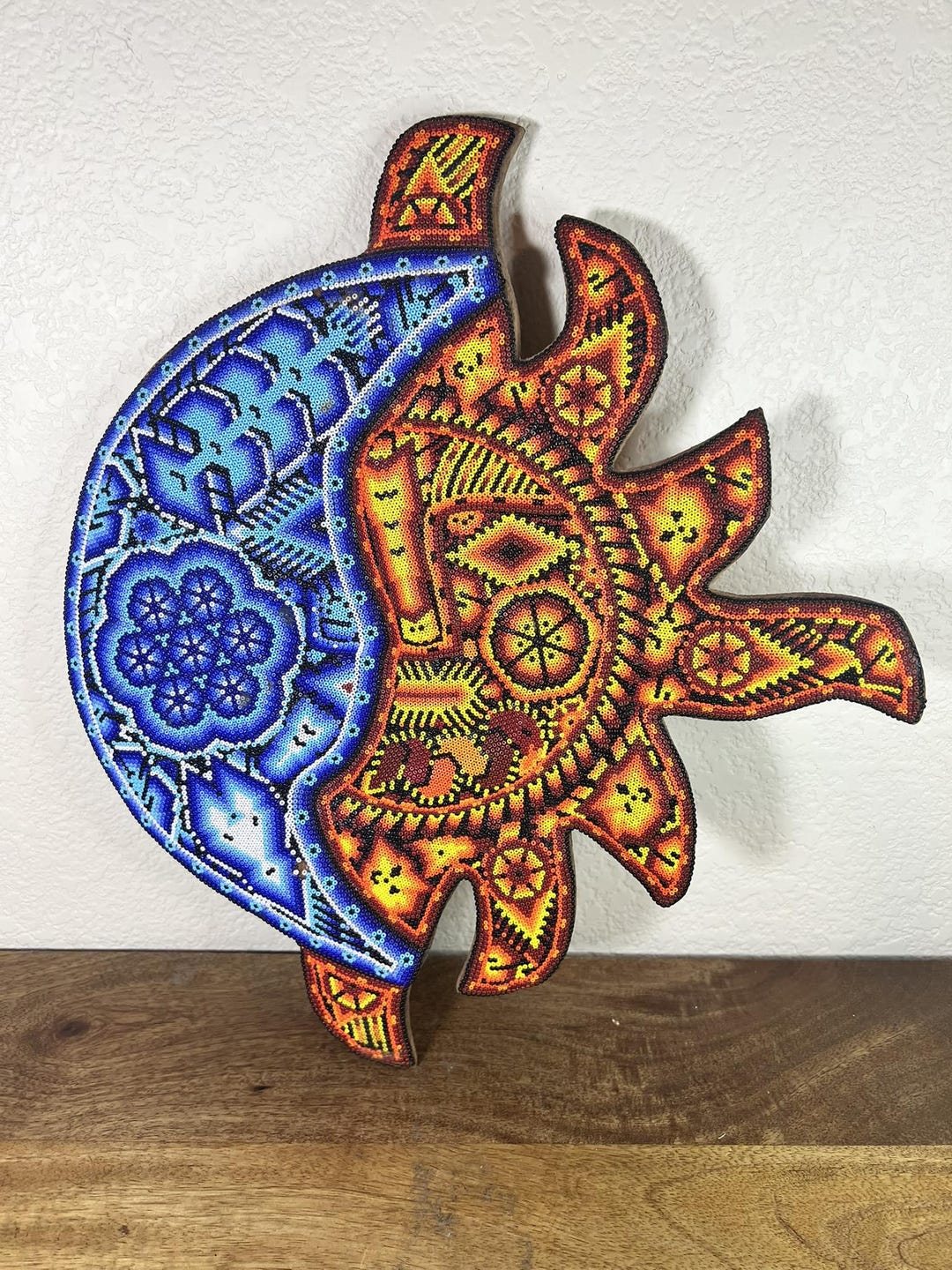 Large Vintage Mexican Folk Art Huichol Hand Beaded Sun & Moon on Wood ...