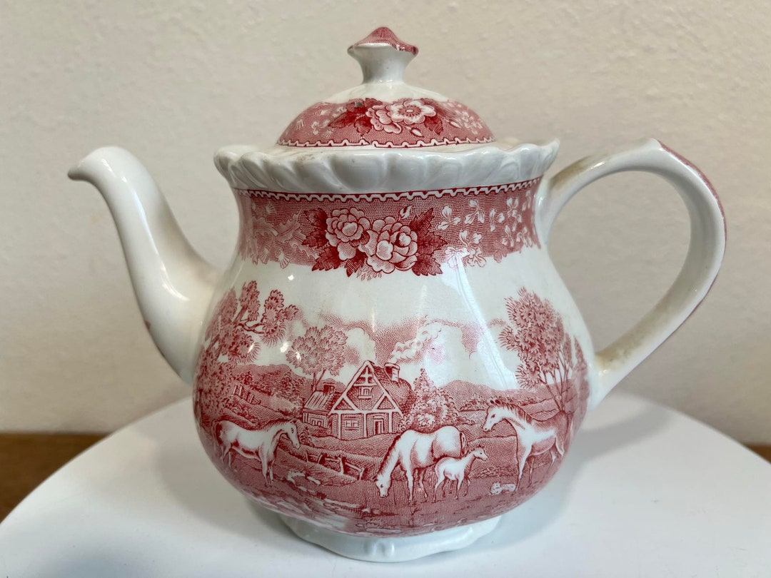 Red Transferware Teapot, Vintage Adam's Ironstone Teapot, Pink ...