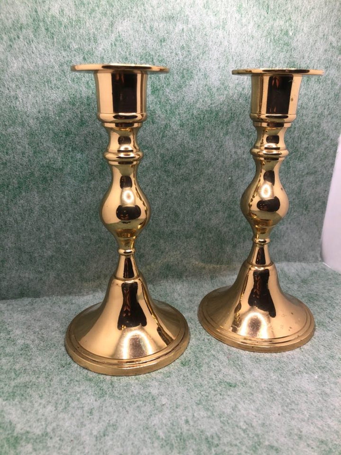 Pair of Brass Candlesticks Lacquered Shiny Gold Made in India Tall 5.4 ...