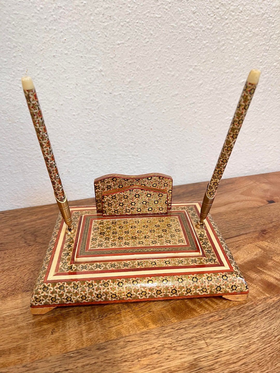 Vintage Khatam Pen Desk Set Handmade Wood Mosaic Inlay PERSIAN Letter ...