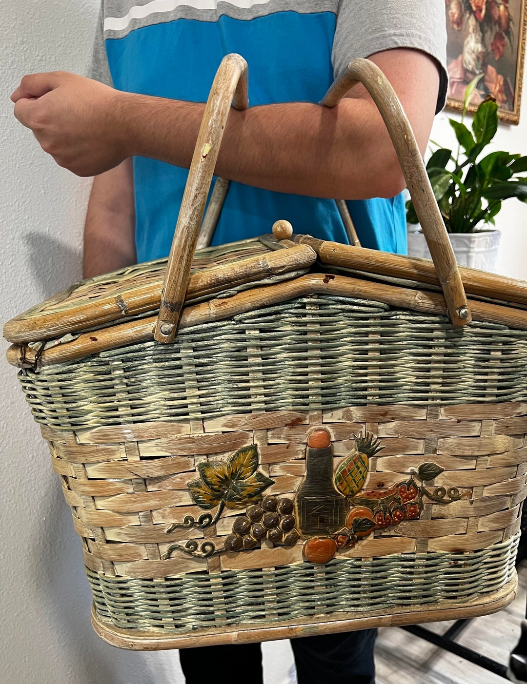 Antique Large Pastel Rattan Picnic Basket With Food Blanket - Etsy