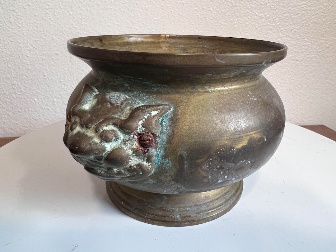 Antique Chinese Bronze Censor / Jardiniere Temple Lion Handles W/patina ...