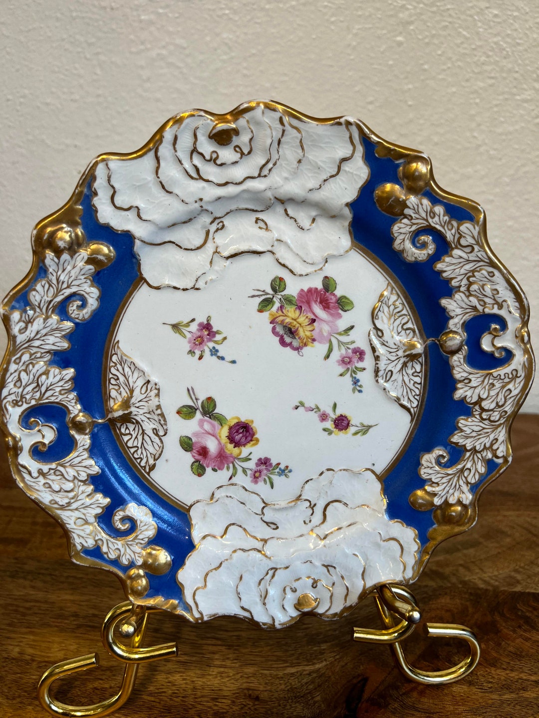 Antique Mason's Ironstone Raised Plate, Cabbage Molded Blue and Gold ...