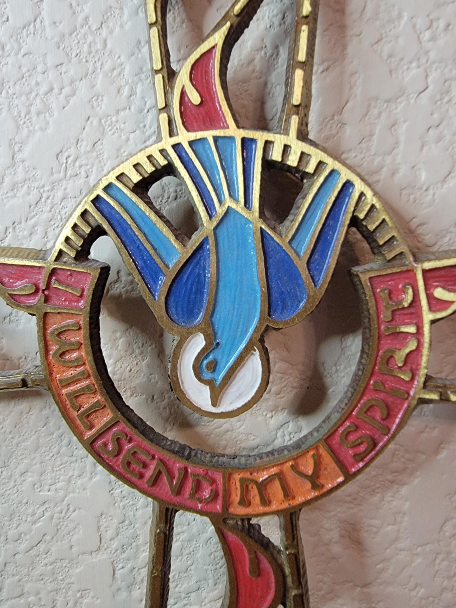 Vintage Terra Sancta Guild Cross Dove Brass Enamel Red Blue White Wall ...