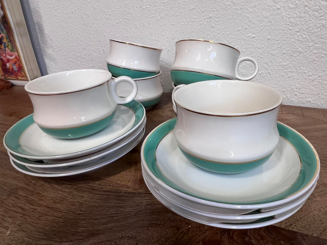 Set of 6 Green Turquoise Tea Cups and Saucers Snow Bone China - Korea ...