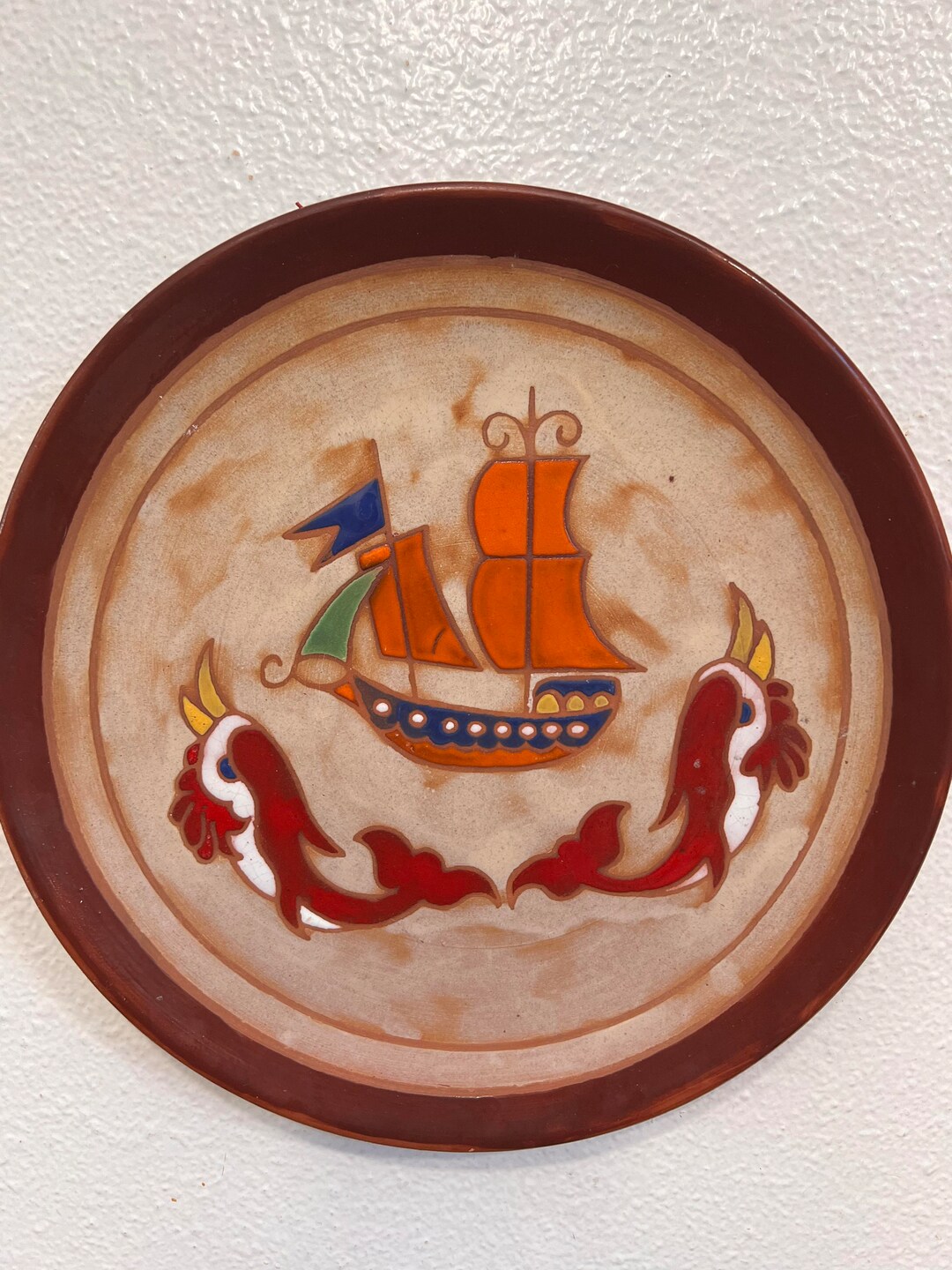 Vintage Large Hand Painted Ship Pottery Plate 10 3/4'' Wall Decoration ...